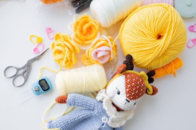 Crafting Essentials. Yarn Balls, Crochet Tools, and Handmade Toy Stock ...