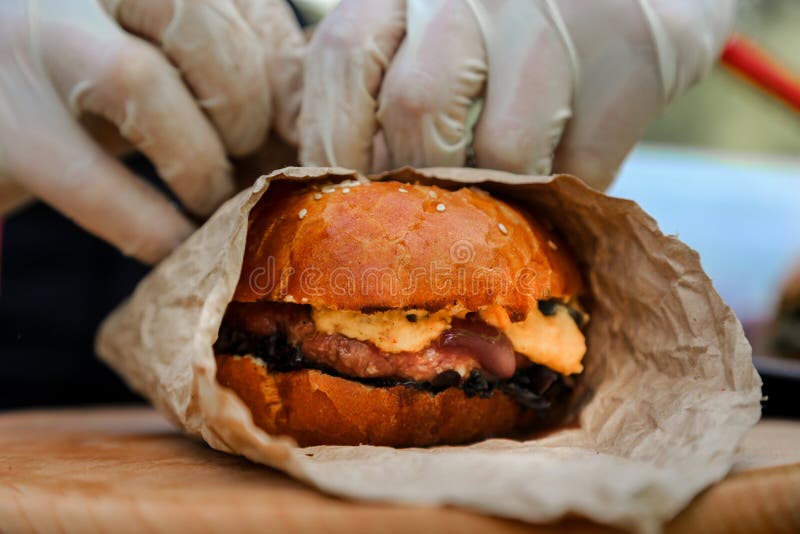 Crafting Homemade Burger Cooking Process. Cheeseburger, Dish. Stock ...