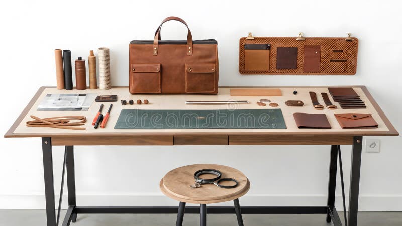 Crafting Leather Goods at a Modern Workspace with Tools and Materials ...