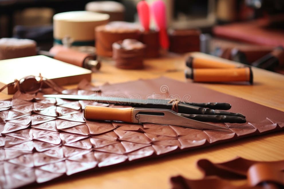 Crafting Process: Leather Pieces Being Cut Stock Illustration ...