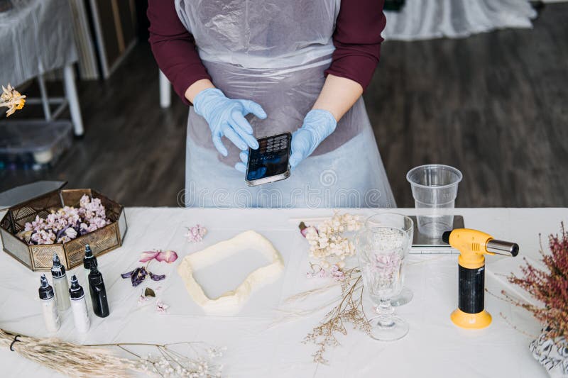 Crafting Process with Precise Measurements, Artisan Calculating Resin ...