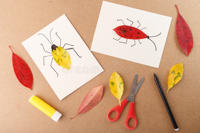 A Crafting Setup. Handmade Insect Art Using Real Leaves, Black Ink, and ...