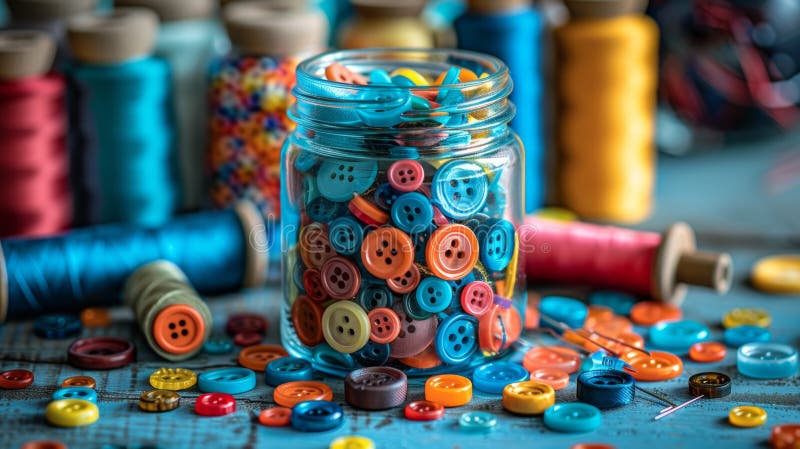 A Crafting Station Adorned with a Colorful Array of Buttons, Spools of ...