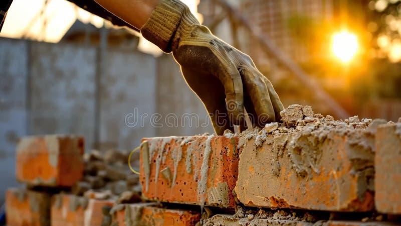 Crafting a Strong Foundation in Bricklaying during Sunset at a ...