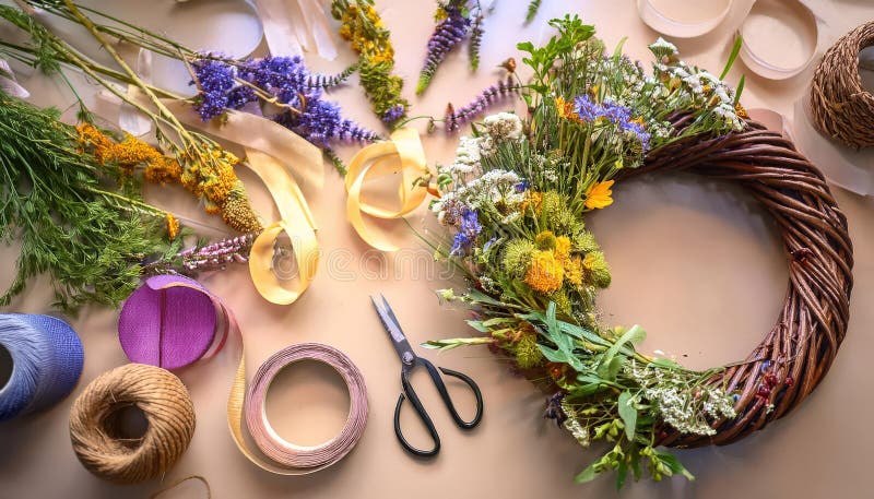 Crafting a Stunning Wreath Using Colorful Stock Image - Image of celebration, lavender: 361286181