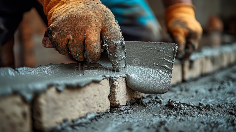 Crafting a Sturdy Wall with Precision As a Worker Lays Cement between ...