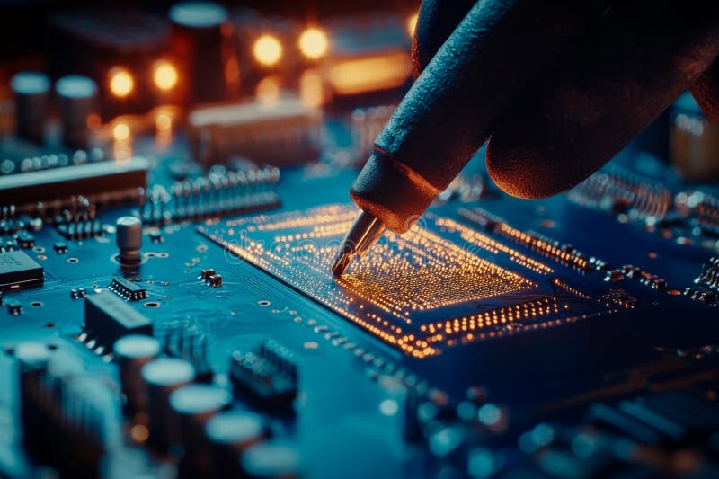 Crafting Technology with Precision on a Circuit Board in Dim Ambient ...