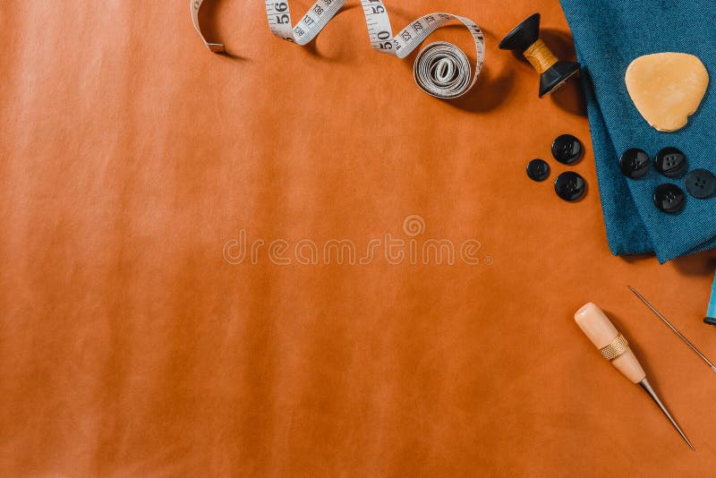 Crafting Tools on Natural Leather 2 Color and Wooden Table Background ...