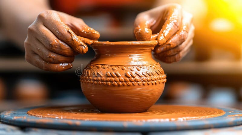 Crafting a Traditional Clay Pot on a Pottery Wheel at Sunset in a ...