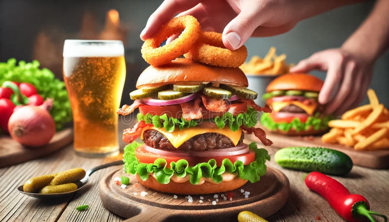 Crafting the Ultimate Stacked Gourmet Burger Stock Photo - Image of ...