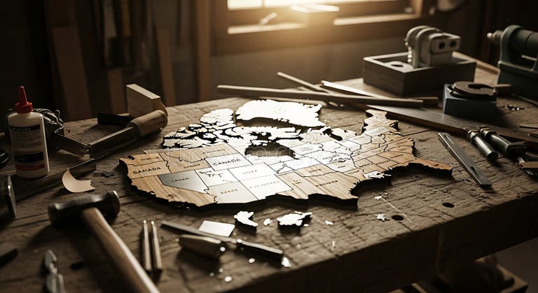 Crafting a Wooden Map of Canada on Rustic Workshop Table with Tools and ...