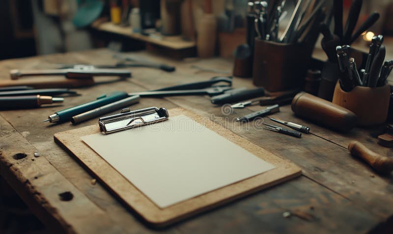 Crafting Workspace with Tools, Clipboard, Blank Paper, Wooden Table ...
