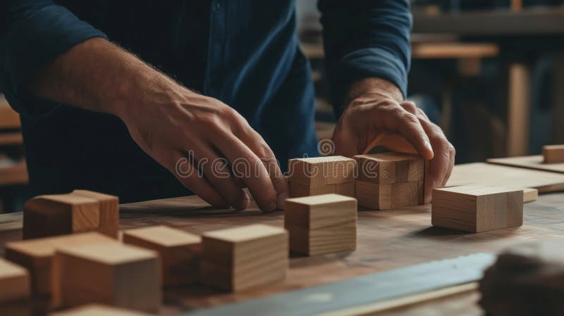 Craftsman Arranging Wooden Blocks on Workbench in Workshop Environment ...