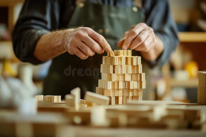 A Craftsman Assembling Wooden Blocks in a Workshop, Showcasing Skill ...