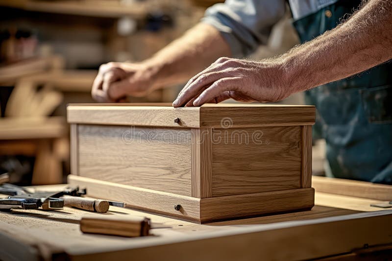 A Craftsman Assembling a Wooden Box in a Workshop, Showcasing ...