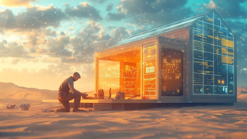 Craftsman Building Modular Home in Desert with Holographic Wind Data ...