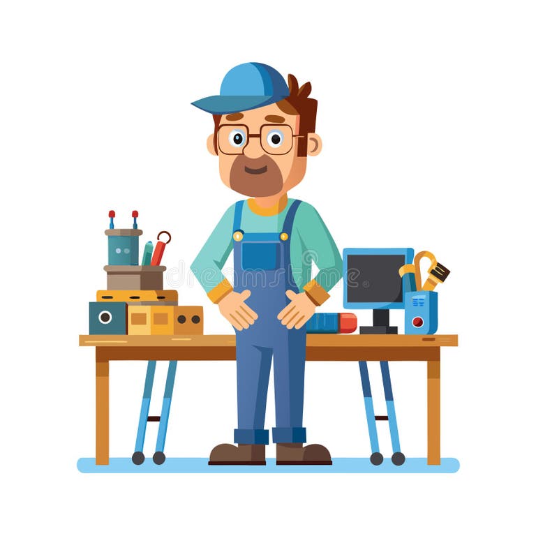 Craftsman Character with Work Table and Tools in Vector Style ...
