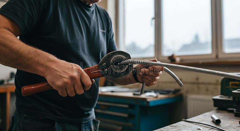 Craftsman Compressing Metal Cable with Tool in Workshop Setting Stock ...