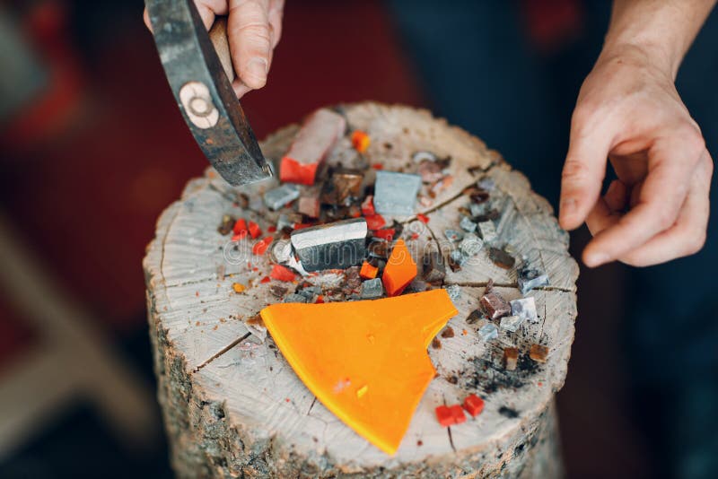 Craftsman Cutting Breaking Smalt Glass with Hammer for Mosaic Artwork ...