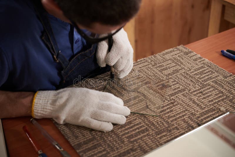 Craftsman Cutting Glass on Workbench Stock Photo - Image of repairman ...