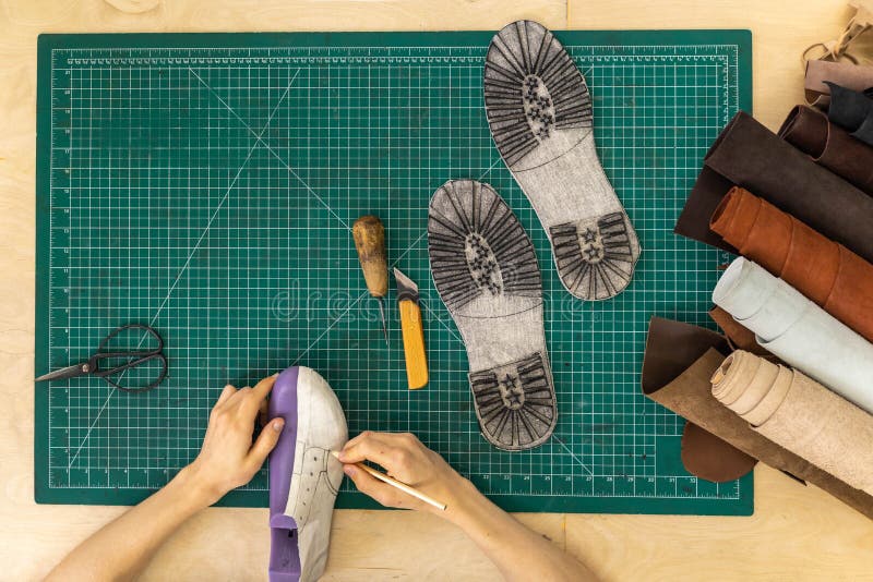 Craftsman Drawing Shoe Last Pattern Creating Leatherwork at Studio ...