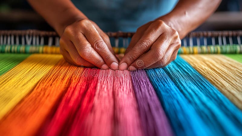 Craftsman Focuses on Aligning Vibrant Threads in a Weaving Workshop ...