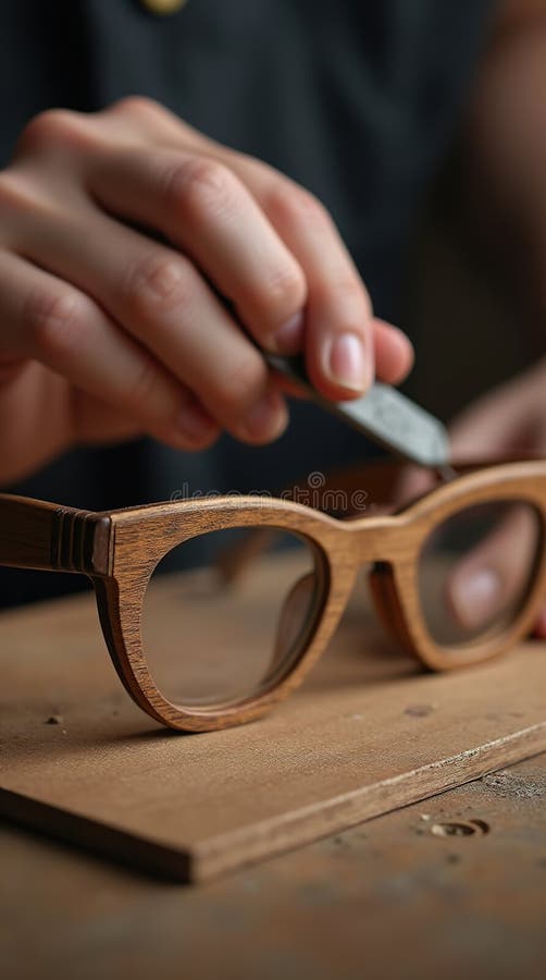 Craftsman Hand-Detailing a Wooden Eyeglass Frame with Precision Tools ...