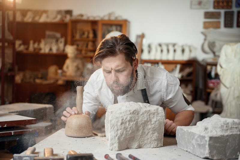 Craftsman Hands Working with Stone Sculptor at Creative Workplace in ...