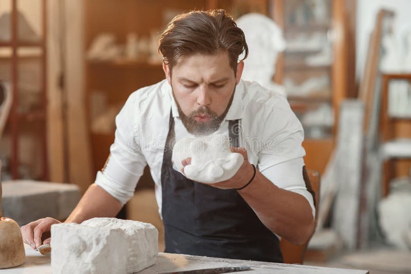 Craftsman Hands Working with Stone Sculptor at Creative Workplace in ...