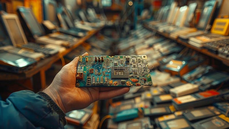 Craftsman Holding a Computer Circuit Board in Workshop Stock ...