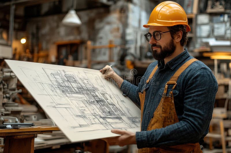 Craftsman Holding a Detailed Architectural Drawing in a Workshop Filled ...