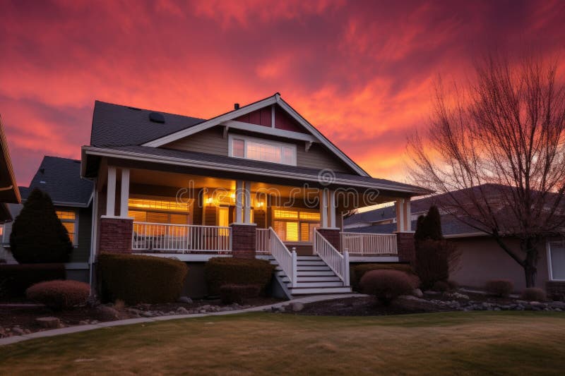Craftsman House with Large Eaves at Sunset Stock Photo - Image of real ...