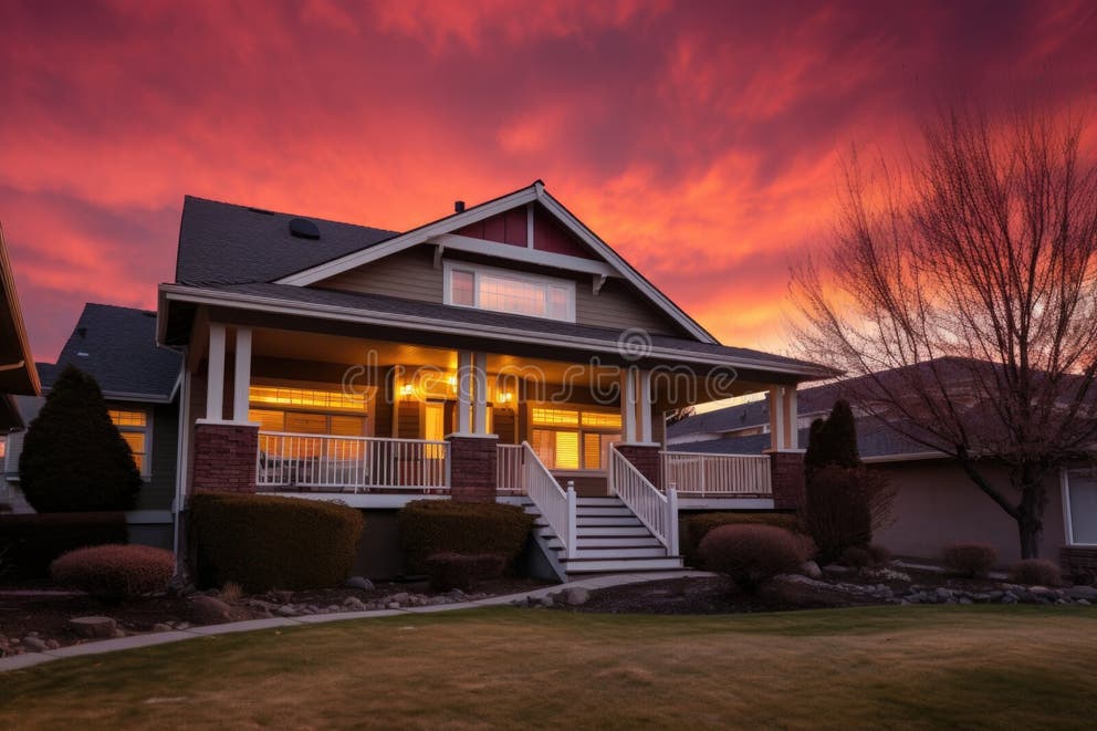 Craftsman House with Large Eaves at Sunset Stock Photo - Image of real ...