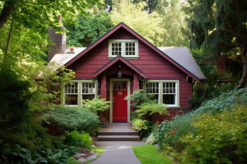Craftsman House with Red Door, Surrounded by Lush Greenery Stock ...