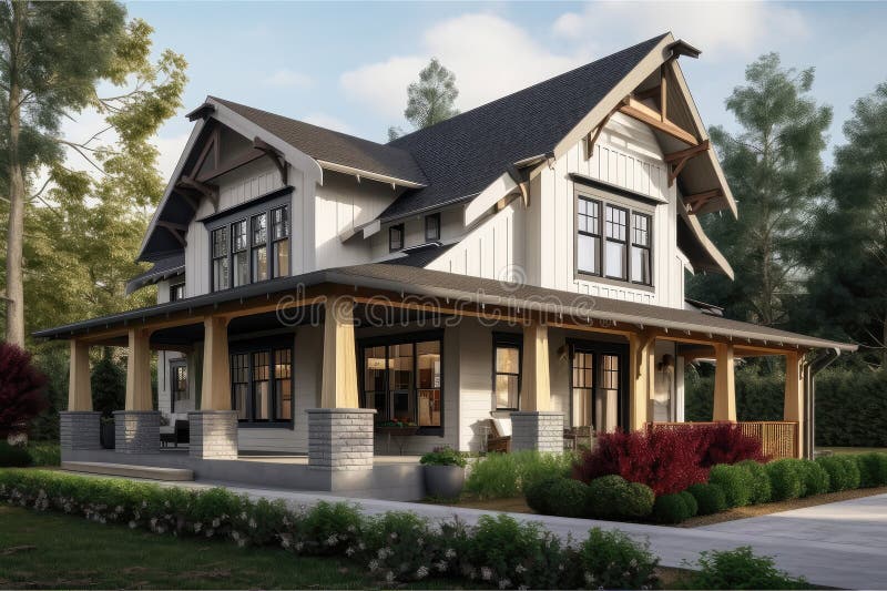 Craftsman House with Wrap-around Porch and Lanterns Stock Image - Image ...