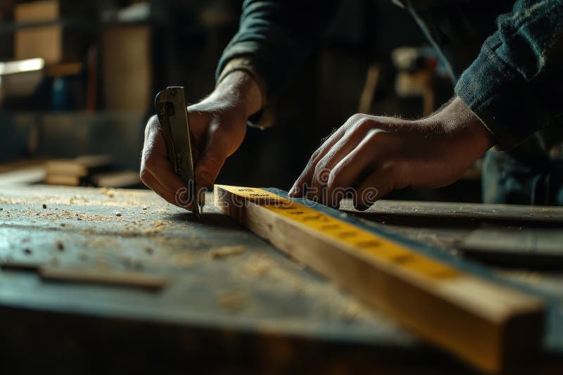 A Craftsman Measuring Wood with a Ruler in a Workshop, Surrounded by ...
