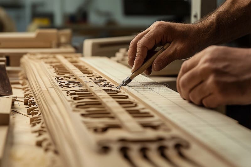 Craftsman Meticulously Carving Intricate Designs into Wood Using ...