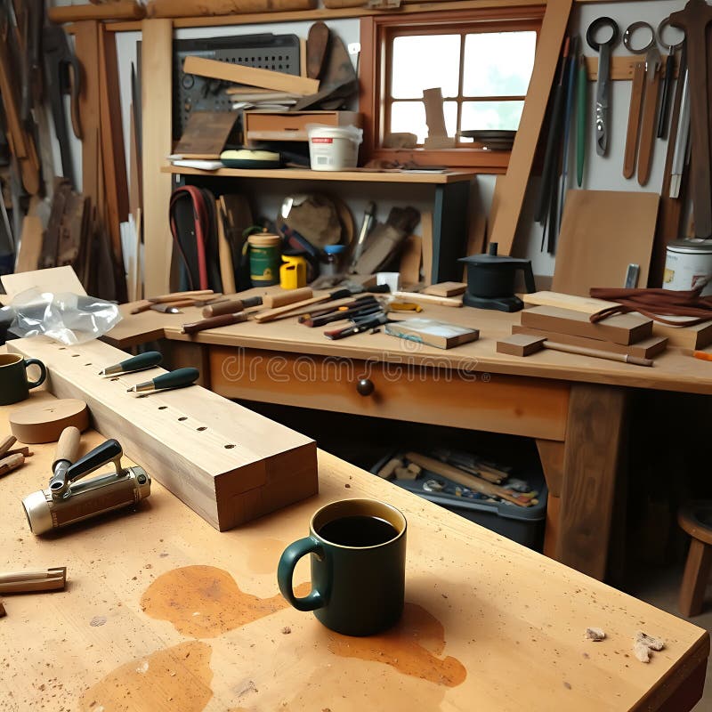 A Craftsmanâ€™s Workspace with Scattered Tools Half Finished Woodwork ...