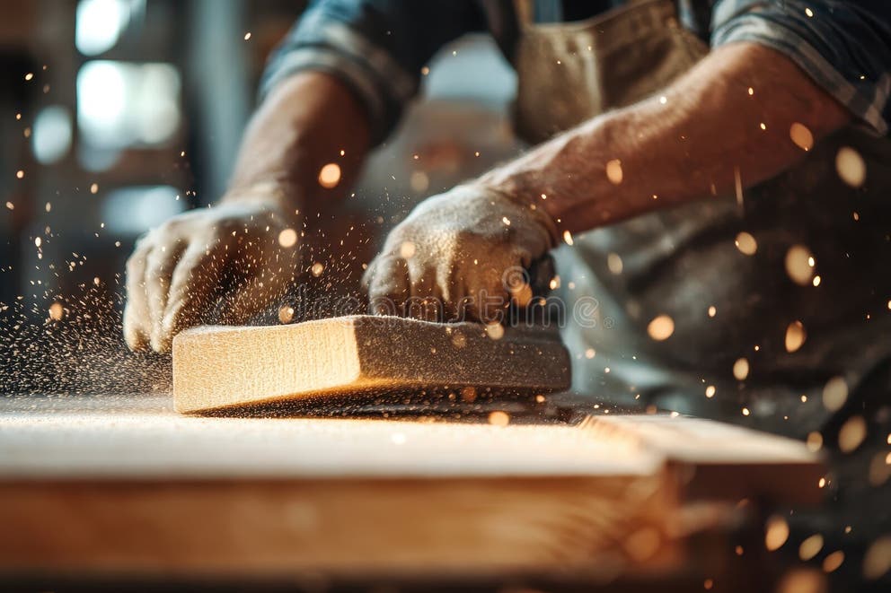 A Craftsman Sanding Wood, Creating Dust in a Workshop Stock ...