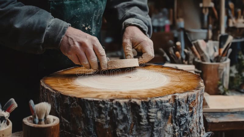 Craftsman Sanding a Wooden Disc on a Tree Stump Stock Illustration ...