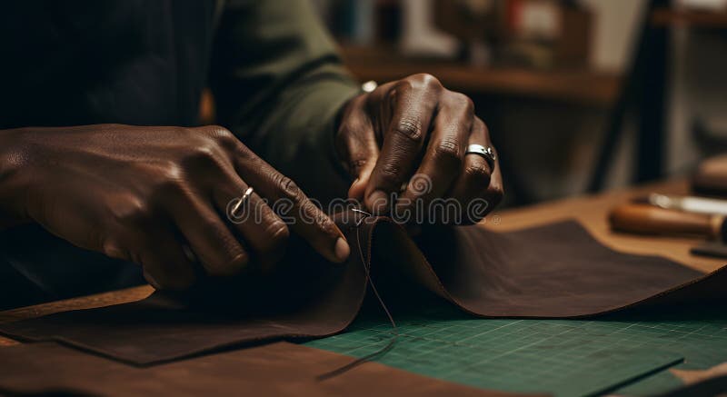 Craftsman Sewing Leather by Hand . Stock Illustration - Illustration of ...