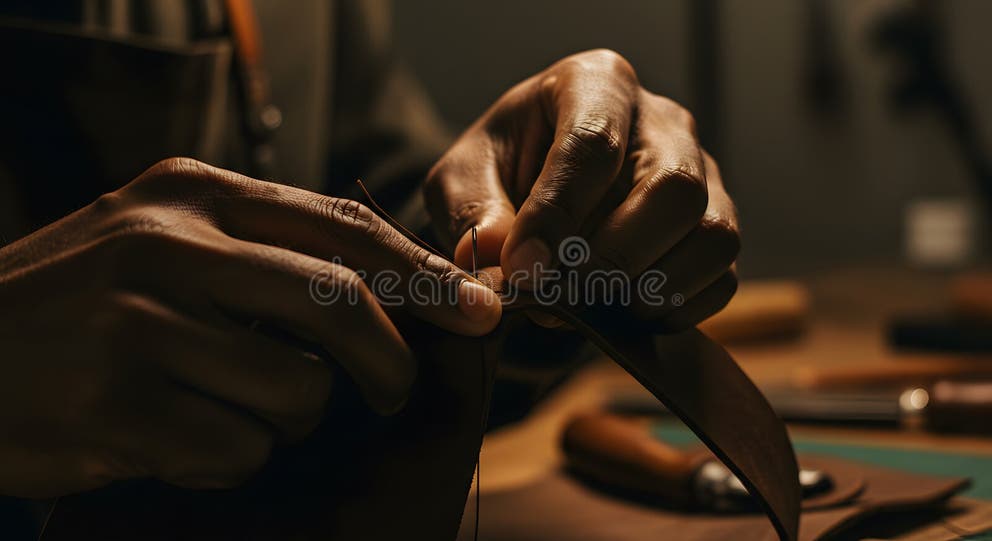 Craftsman Sewing Leather by Hand. Stock Illustration - Illustration of ...