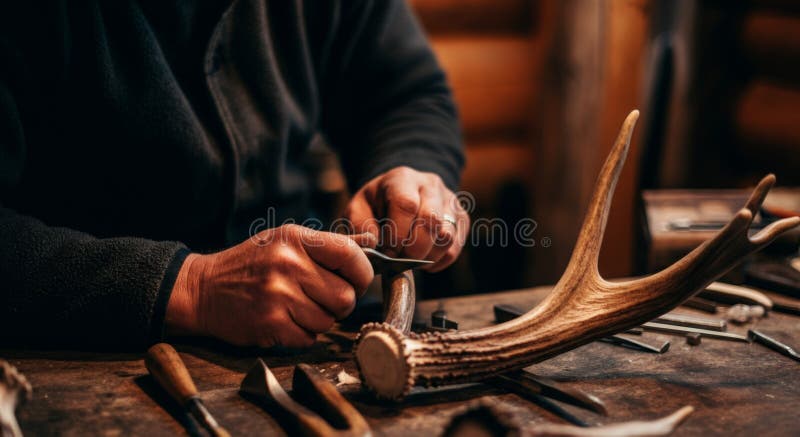 Craftsman Shaping Antler with Tools in Workshop. Indigenous Peoples of ...