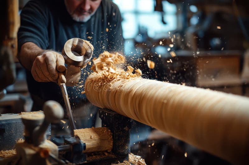 A Craftsman Shaping Wood on a Lathe, Creating Shavings in a Workshop ...