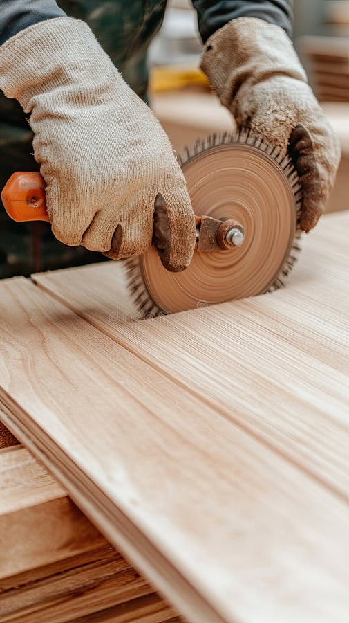 Craftsman Skillfully Cuts Wood with Power Tool, Creating Sparks in a ...