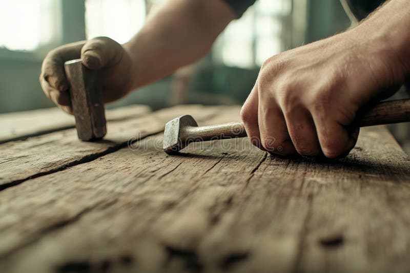 Craftsman Skillfully Shaping Wood with Hammer and Chisel in a Workshop ...