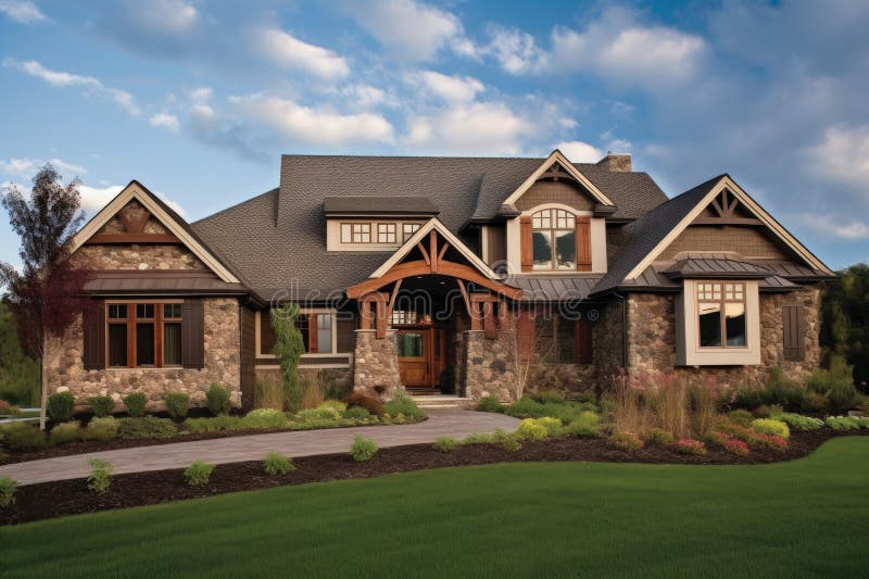 Craftsman-style Home with Distressed Wood and Stone Exterior Stock ...