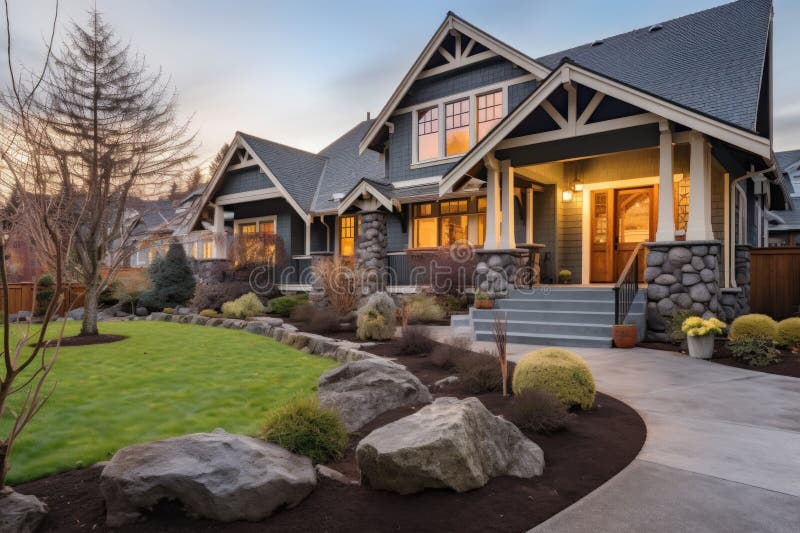 Craftsman Style House with Stone Path and Overhanging Eaves Stock Photo ...