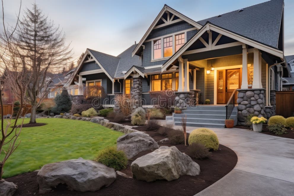 Craftsman Style House with Stone Path and Overhanging Eaves Stock Photo ...