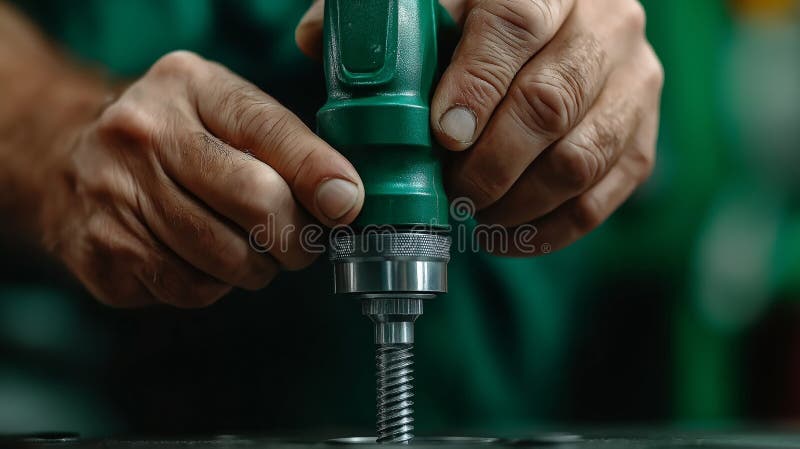 Craftsman Using a Green Tool To Secure a Metal Component in a Workshop ...